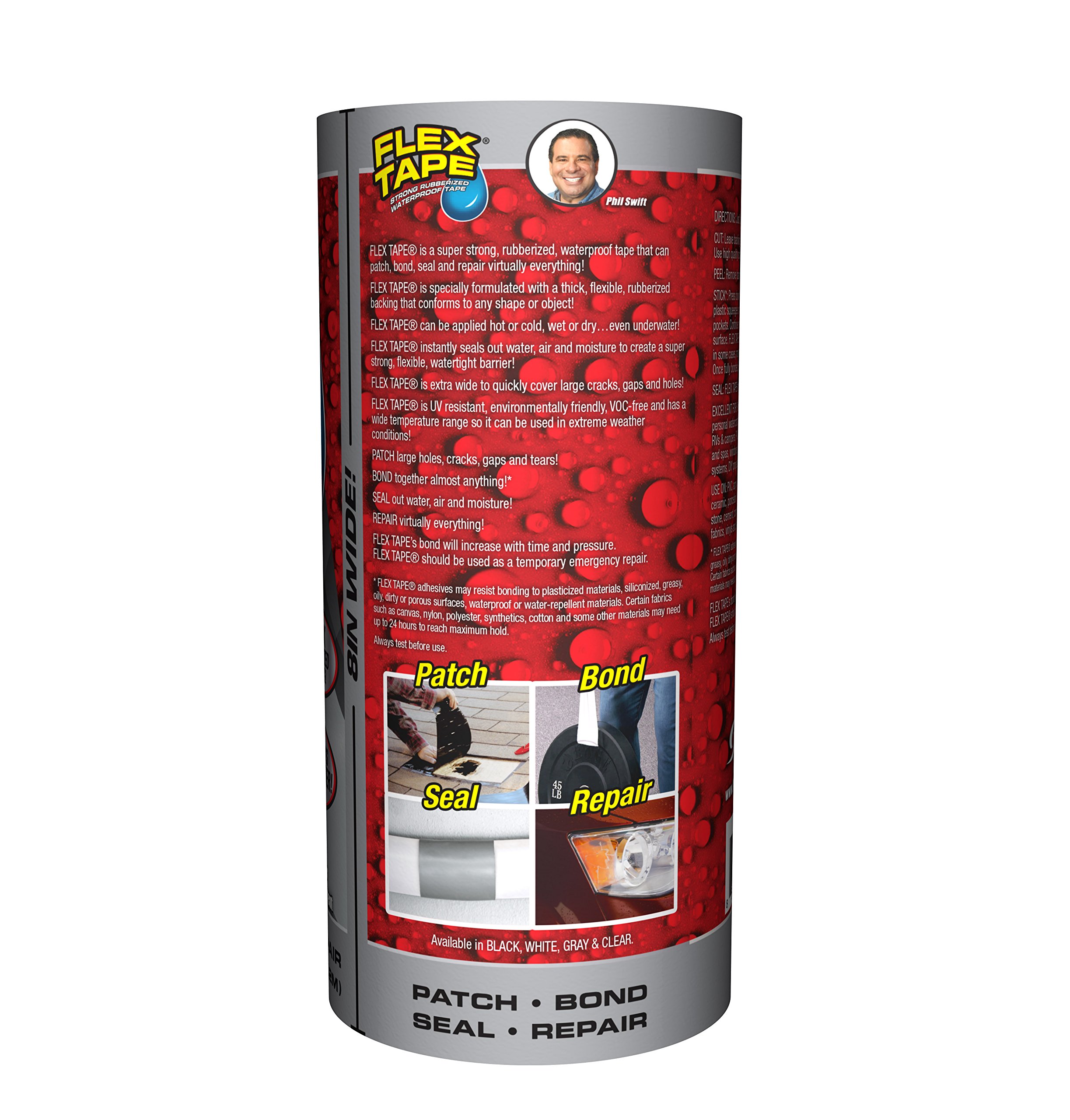 Flex Tape, 8 in x 5 ft, Gray, Original Thick Flexible Rubberized Waterproof Tape - Seal and Patch Leaks, Works Underwater, Indoor Outdoor Projects - Home RV Roof Plumbing and Pool Repairs