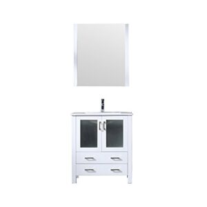 lexora volez 30 in w x 18.25 in d white bath vanity, white ceramic top and 28 in mirror