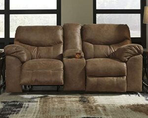 signature design by ashley boxberg oversized faux leather manual double reclining loveseat with center console, brown