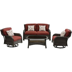 hanover strathmere outdoor 4-piece conversation set w/ loveseat, 2 swivel chairs, thick red cushions, 4 accent pillows and a glass-top coffee table, patio conversation set for backyard, deck, porch