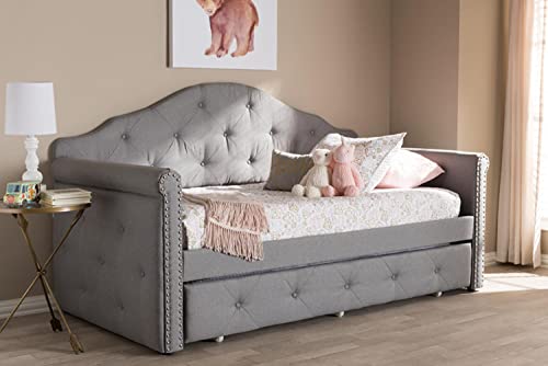 Baxton Studio Emilie Modern and Contemporary Grey Fabric Upholstered Daybed with Trundle Grey/Twin//Contemporary/Fabric Polyester 100%"/Rubber Wood/MDF/Foam