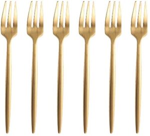 briiec gold 18/10 stainles steel cake forks set 3 tines fruit salad fork, slim cutlery for kitchen hotel restaurant wedding party, matte finish, dishwasher safe, pack of 6