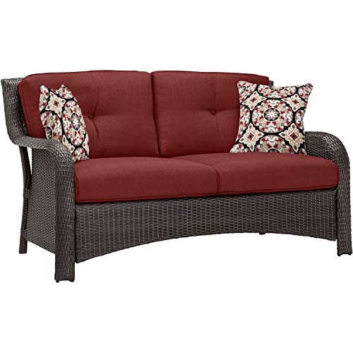 Hanover Strathmere Outdoor 4-Piece Conversation Set w/ Loveseat, 2 Swivel Chairs, Thick Red Cushions, 4 Accent Pillows and a Glass-Top Coffee Table, Patio Conversation Set for Backyard, Deck, Porch