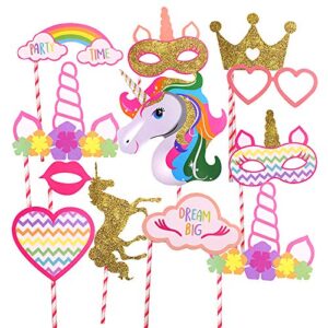 gold unicorn photo booth props, unicorn with crown party supplies, rainbow unicorn theme large photo boothprops colorful(12 pcs-fully assembled) for girls kids birthday baby shower party