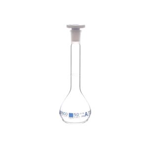 eisco volumetric flask, 50ml - class a - 12/21 polyethylene stopper, borosilicate glass - blue graduation, tolerance ±0.060