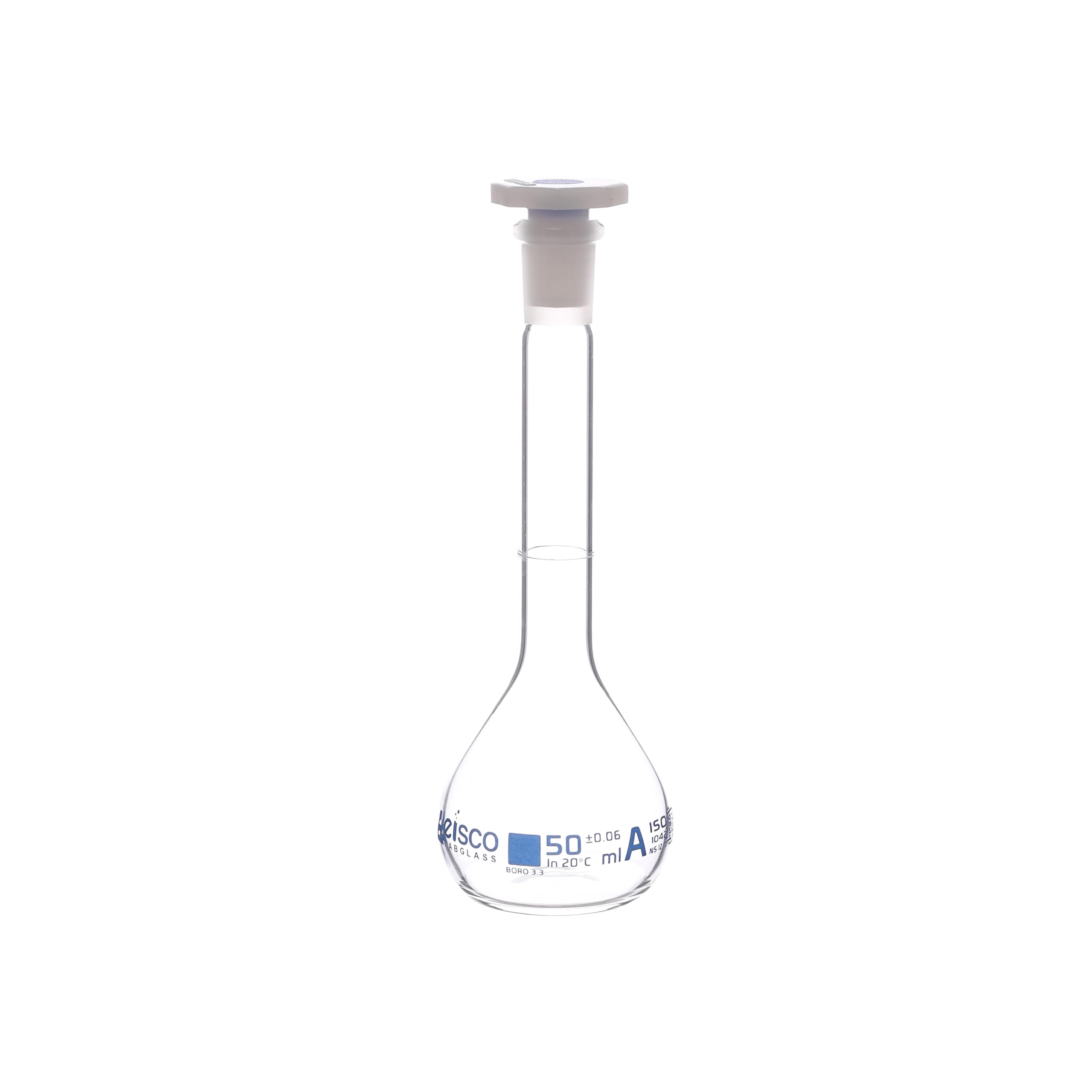 EISCO Volumetric Flask, 50ml - Class A - 12/21 Polyethylene Stopper, Borosilicate Glass - Blue Graduation, Tolerance ±0.060