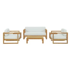 modway upland teak wood outdoor patio 6-piece sectional sofa set with cushions in natural white