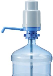 dolphin manual water pump for 5 gallon bottles, fits 2-6 gallon bottles, blue manual hand pressure water dispenser, secure fit on crown top jugs, 3 tube lengths, sanitary cap, bpa-free