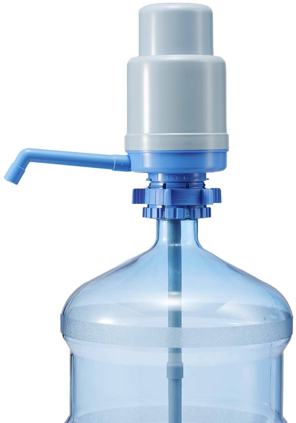 Dolphin Manual Water Pump for 5 Gallon Bottles, Fits 2-6 Gallon Bottles, Blue Manual Hand Pressure Water Dispenser, Secure Fit on Crown Top Jugs, 3 Tube Lengths, Sanitary Cap, BPA-Free