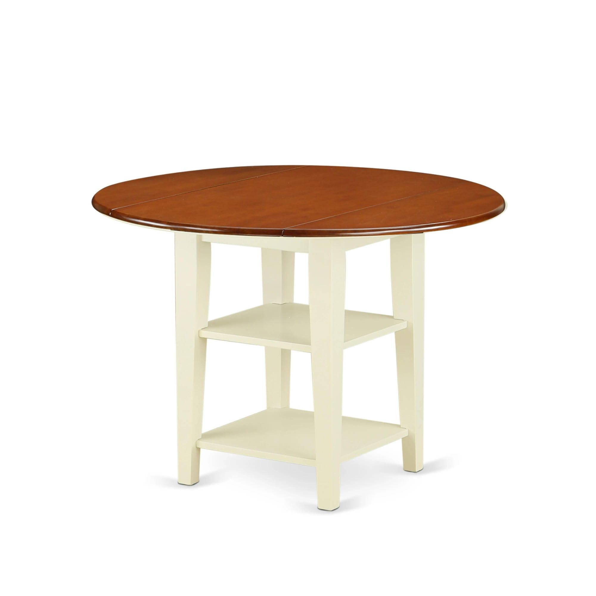 East West Furniture SUT-BMK-T Sudbury Dining Room Table - a Round kitchen Table Top with Dropleaf & 2 shelves, 42x42 Inch, Buttermilk & Cherry