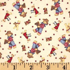 flannel tossed cowboy bears ivory/multi, fabric by the yard