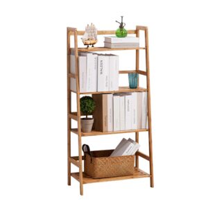 soges 4-Tier Bamboo Storage Shelf Rack, Bookcase Ladder Shelf Storage Organizer Multi-Functional Display Rack for Books, Photos, Plants, Daily Supplies in Home, Kitchen, Bathroom, Garden, KS-HSJ-02