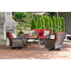 Hanover Strathmere Outdoor 4-Piece Conversation Set w/ Loveseat, 2 Swivel Chairs, Thick Red Cushions, 4 Accent Pillows and a Glass-Top Coffee Table, Patio Conversation Set for Backyard, Deck, Porch