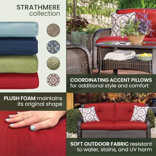 Hanover Strathmere Outdoor 4-Piece Conversation Set w/ Loveseat, 2 Swivel Chairs, Thick Red Cushions, 4 Accent Pillows and a Glass-Top Coffee Table, Patio Conversation Set for Backyard, Deck, Porch