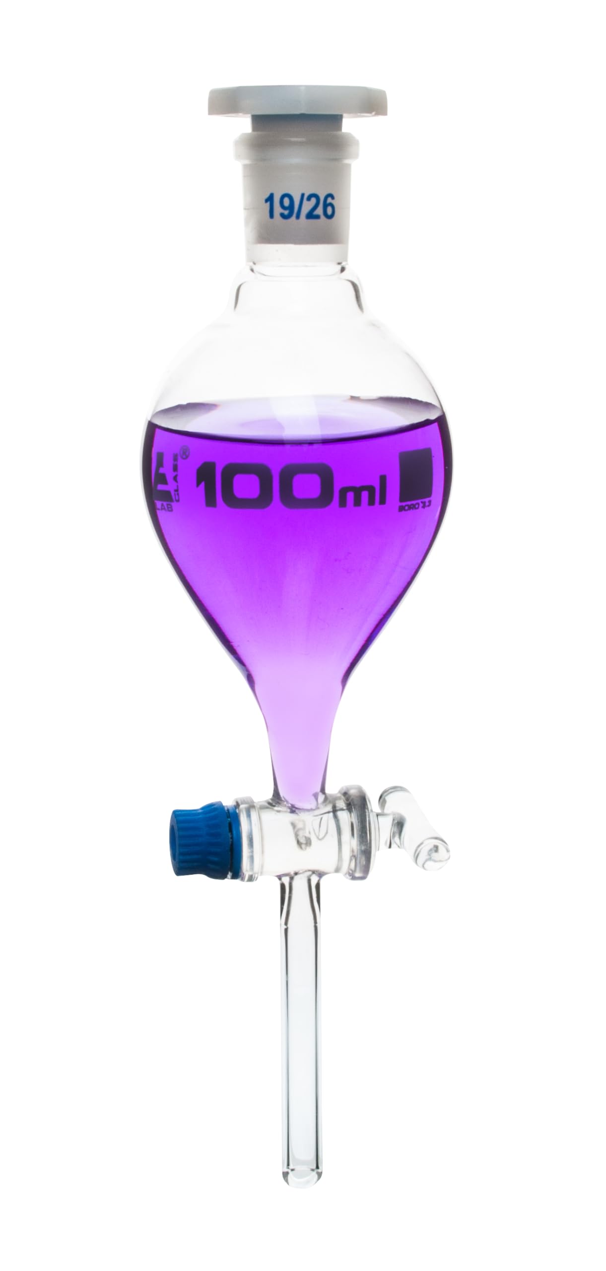 EISCO Separating Funnel, 100ml - Pear Shaped - 19/26 Plastic Stopper, Glass Key Stopcock, Stem with Cone - Borosilicate Glass