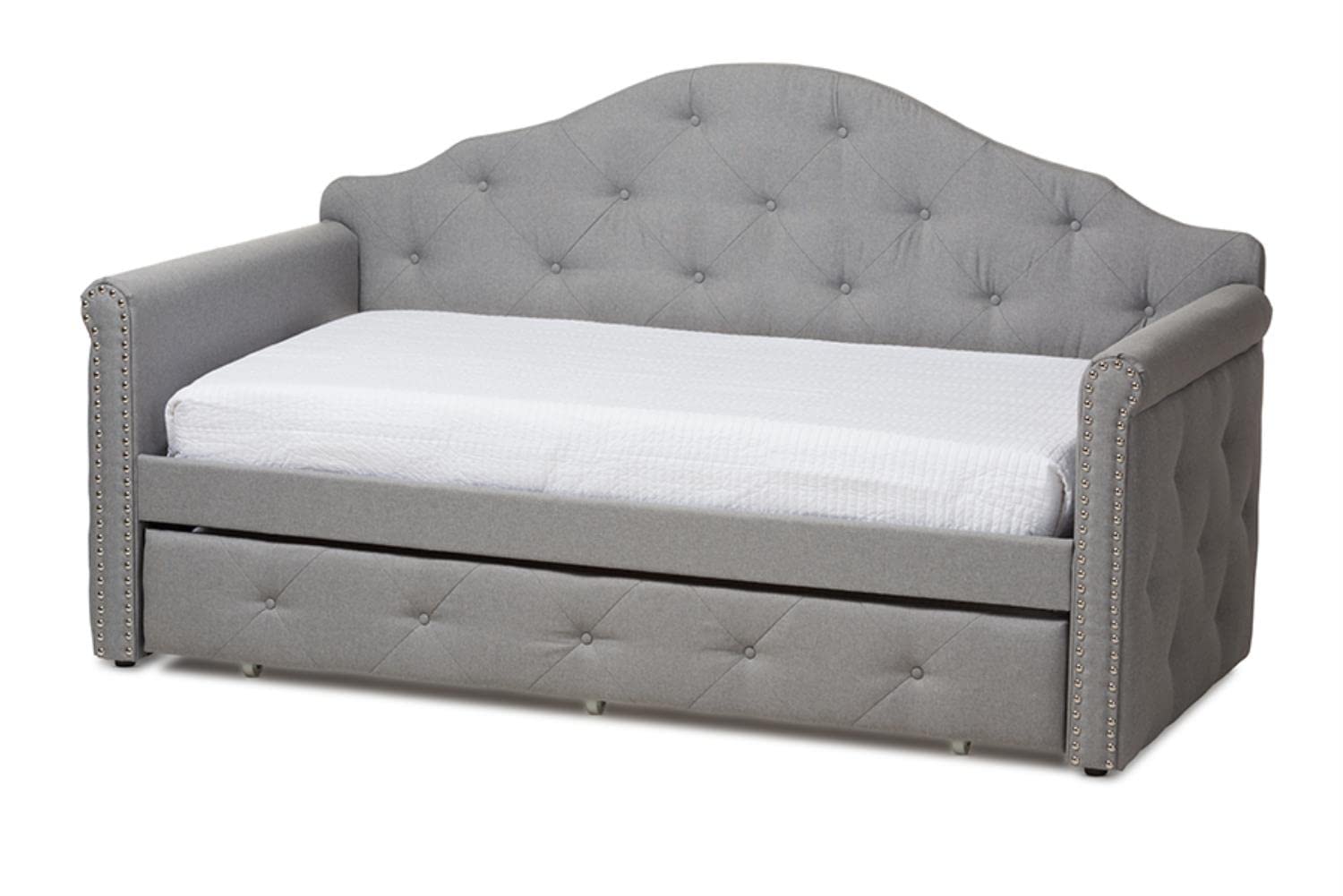 Baxton Studio Emilie Modern and Contemporary Grey Fabric Upholstered Daybed with Trundle Grey/Twin//Contemporary/Fabric Polyester 100%"/Rubber Wood/MDF/Foam