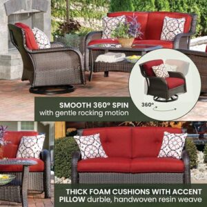 Hanover Strathmere Outdoor 4-Piece Conversation Set w/ Loveseat, 2 Swivel Chairs, Thick Red Cushions, 4 Accent Pillows and a Glass-Top Coffee Table, Patio Conversation Set for Backyard, Deck, Porch