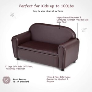 Costzon Kids Couch, 2 in 1 Double Seat Children's Sofa w/Under Seat Storage, PU Leather Surface, Toddler Armrest Chair, Kids Room, Soft Kids Sofa with Storage for Preschool Baby Boys Girls Gifts