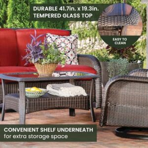 Hanover Strathmere Outdoor 4-Piece Conversation Set w/ Loveseat, 2 Swivel Chairs, Thick Red Cushions, 4 Accent Pillows and a Glass-Top Coffee Table, Patio Conversation Set for Backyard, Deck, Porch