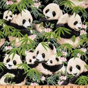 panda bears black, fabric by the yard