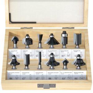 fivepears 12 pieces tungsten carbide router bit set 1/4 inch shank for beginners woodworking, include straight, dovetail, chamfer, cove, flush trim, round over, 90 v grooving, raised panel router bit