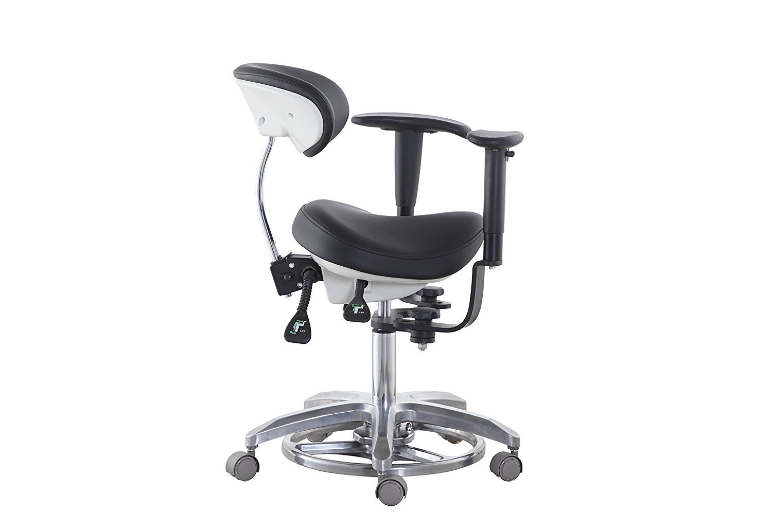 East-New Medical Dental Chair Microscope Saddle Stool Foot Controlled/Pedal Base PU Leather with 45°Swiveling Armrests SDS-FC1