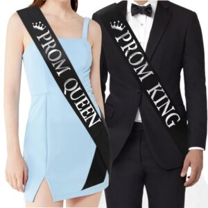 "prom king" and "prom queen" sashes - graduation party school party accessories, black with silver print