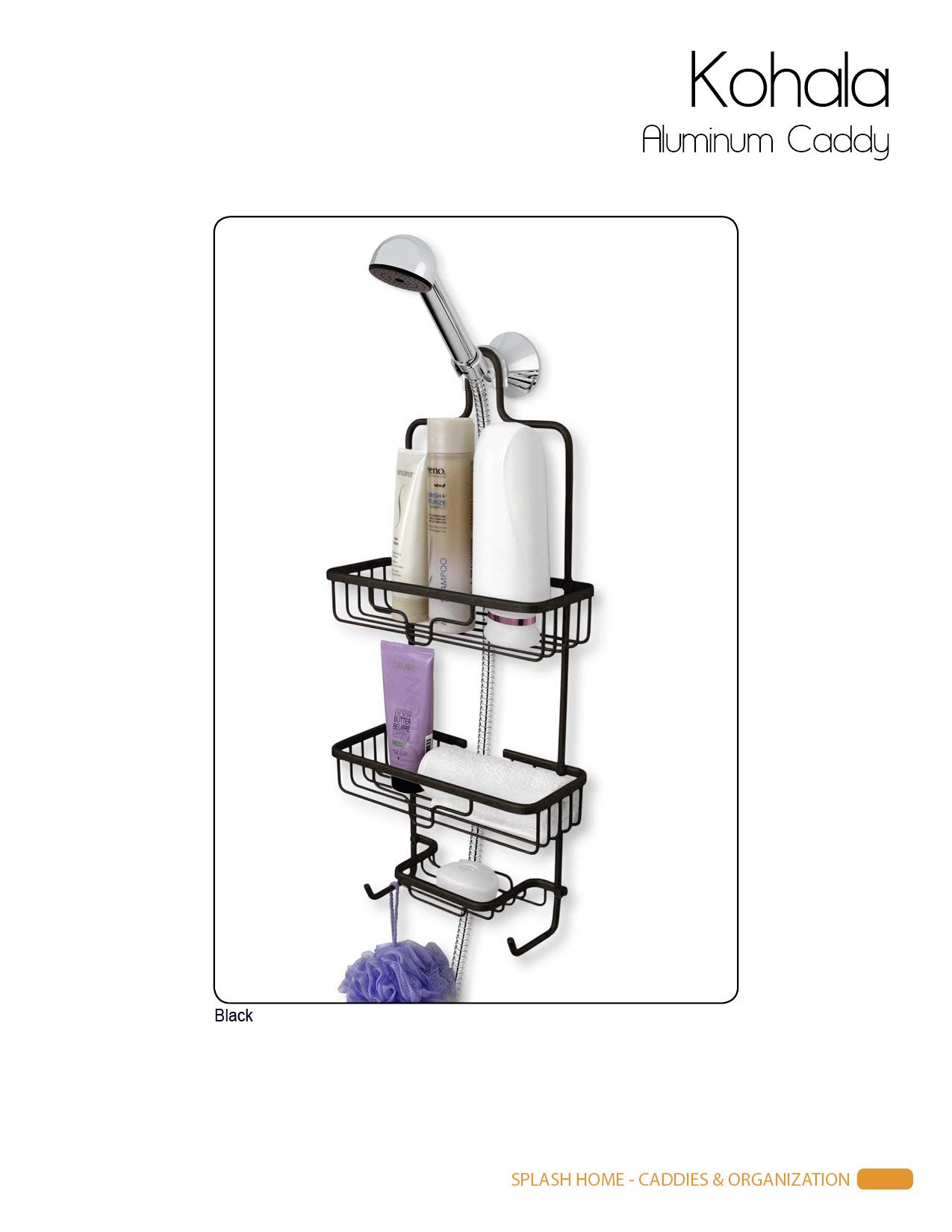 Splash Home Aluminum Kohala Bathroom Hanging Head Two Basket Organizers Plus Dish Shower Caddy, 24 x 5 x 11 Inches, Matte Black