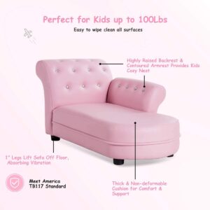 Costzon Kids Couch, Princess Kids Sofa Chairs for Baby Girls 3-5 Old w/Wood Frame & Leather Surface for Nap & Rest, Toddler Couch for Preschool, Nursery, Kindergarten, Children Furniture Gift (Pink)