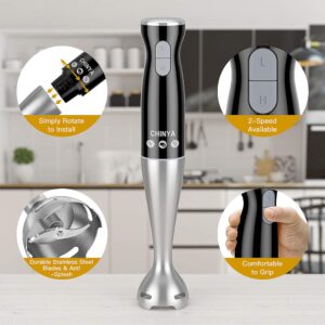 CHINYA Immersion Hand Blender, Powerful 4-in-1 Hand Blender,Electric food blender with 16oz Food Chopper, 20oz SAN Beaker and Ballon Whisk, BPA-Free Hand Mixer Set