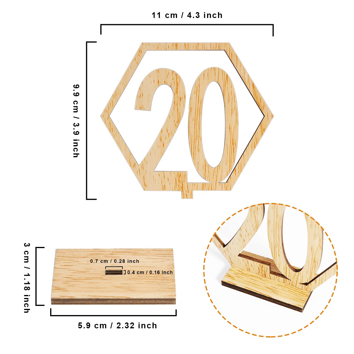 Wooden Table Numbers,Fashionclubs 1-20 Wedding Table Numbers with Holder Base,Hexagon Shape,Perfect for Wedding, Party, Events or Catering Decoration