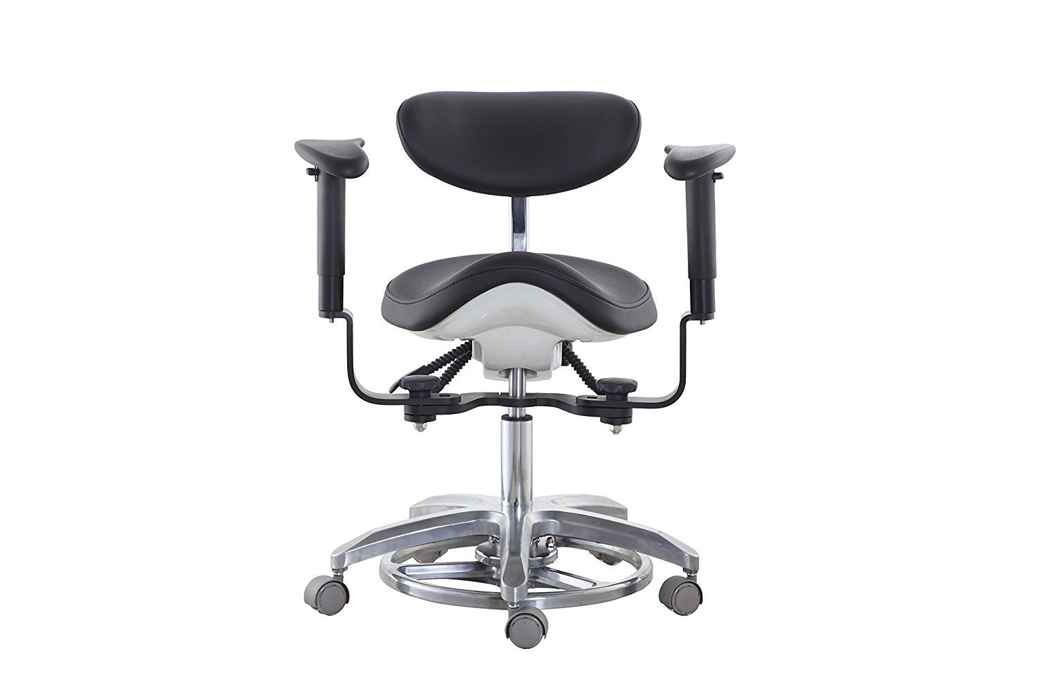 East-New Medical Dental Chair Microscope Saddle Stool Foot Controlled/Pedal Base PU Leather with 45°Swiveling Armrests SDS-FC1