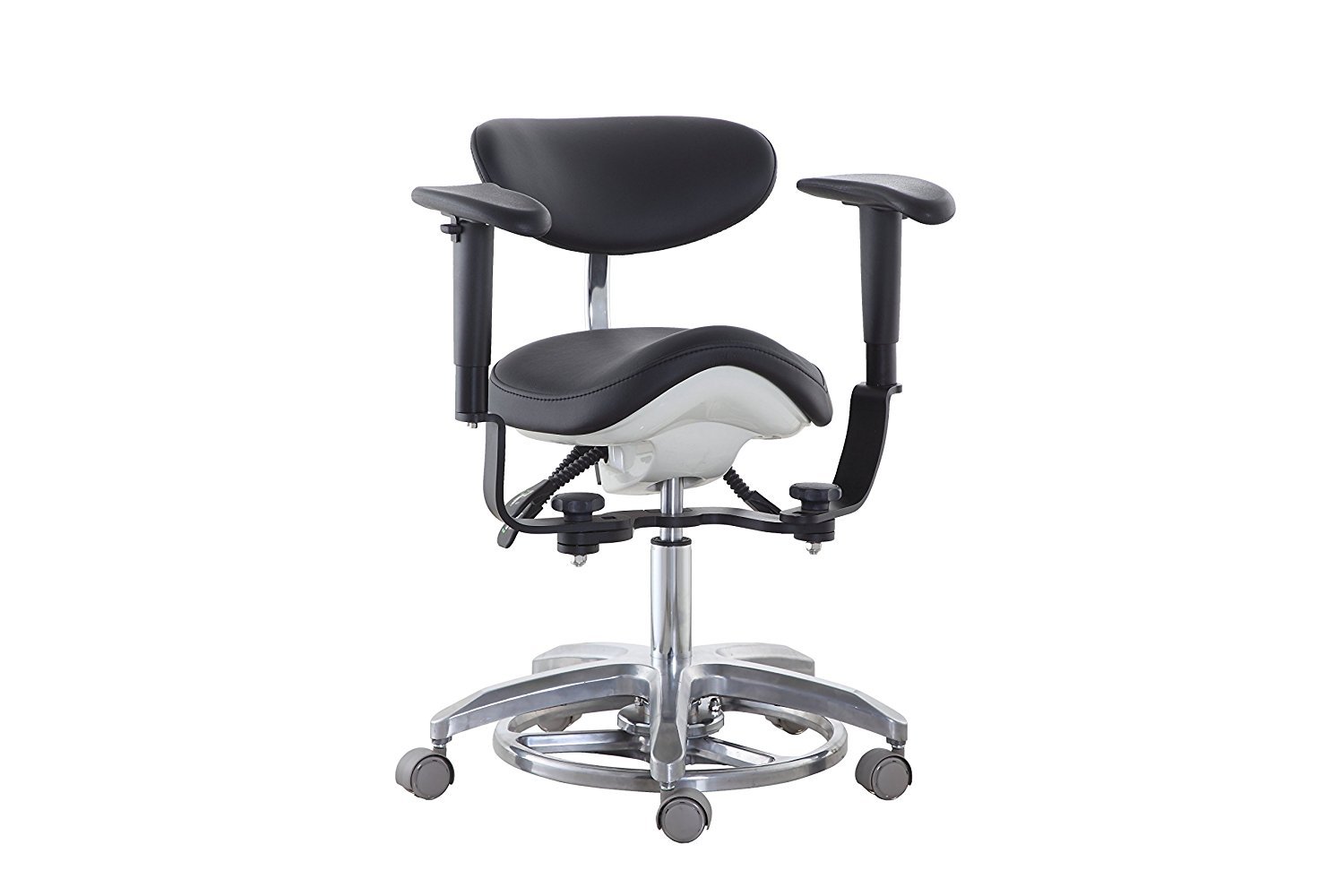 East-New Medical Dental Chair Microscope Saddle Stool Foot Controlled/Pedal Base PU Leather with 45°Swiveling Armrests SDS-FC1