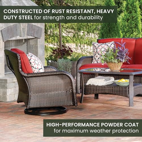 Hanover Strathmere Outdoor 4-Piece Conversation Set w/ Loveseat, 2 Swivel Chairs, Thick Red Cushions, 4 Accent Pillows and a Glass-Top Coffee Table, Patio Conversation Set for Backyard, Deck, Porch