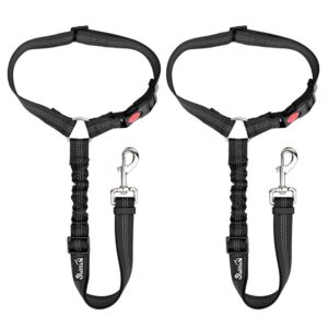 slowton dog seat belt for car, 2 pack dog car harness seatbelt adjustable with elastic bungee buffer, 2 in 1 pet car leash headrest restraint dog reflective safety tether (black, headrest)