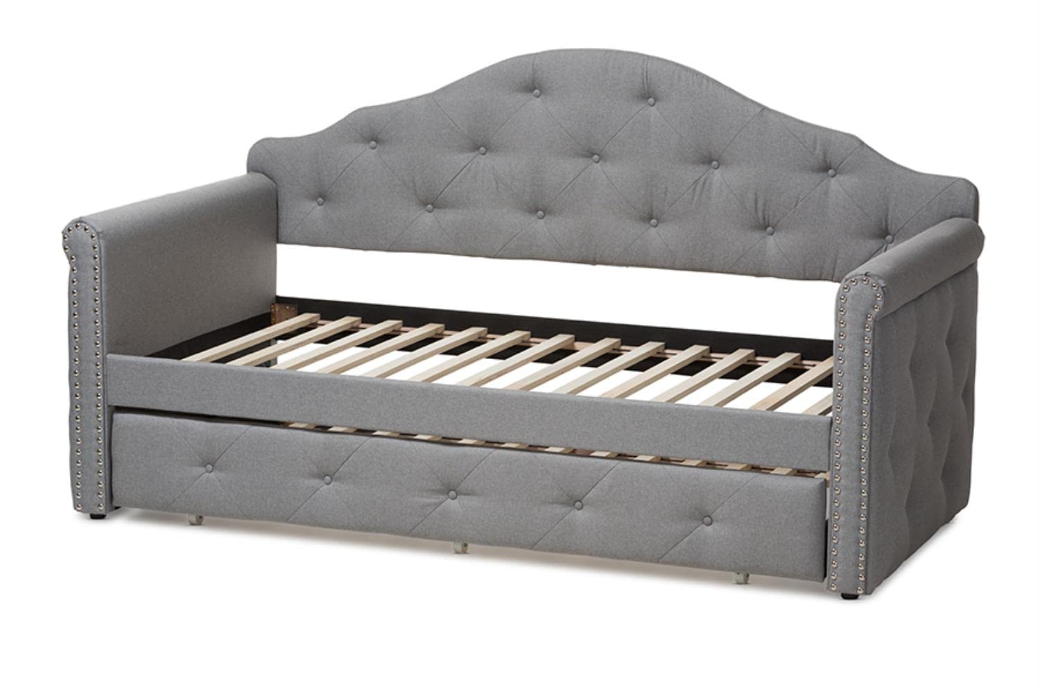 Baxton Studio Emilie Modern and Contemporary Grey Fabric Upholstered Daybed with Trundle Grey/Twin//Contemporary/Fabric Polyester 100%"/Rubber Wood/MDF/Foam