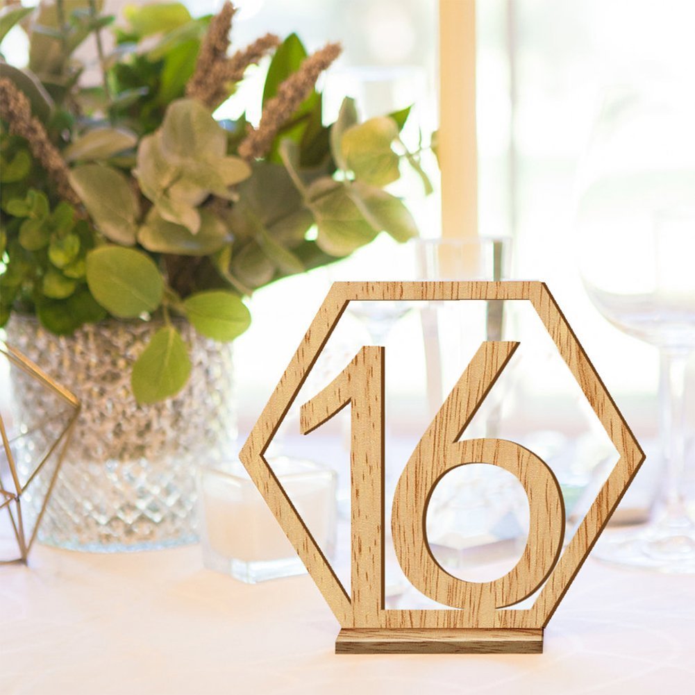 Wooden Table Numbers,Fashionclubs 1-20 Wedding Table Numbers with Holder Base,Hexagon Shape,Perfect for Wedding, Party, Events or Catering Decoration