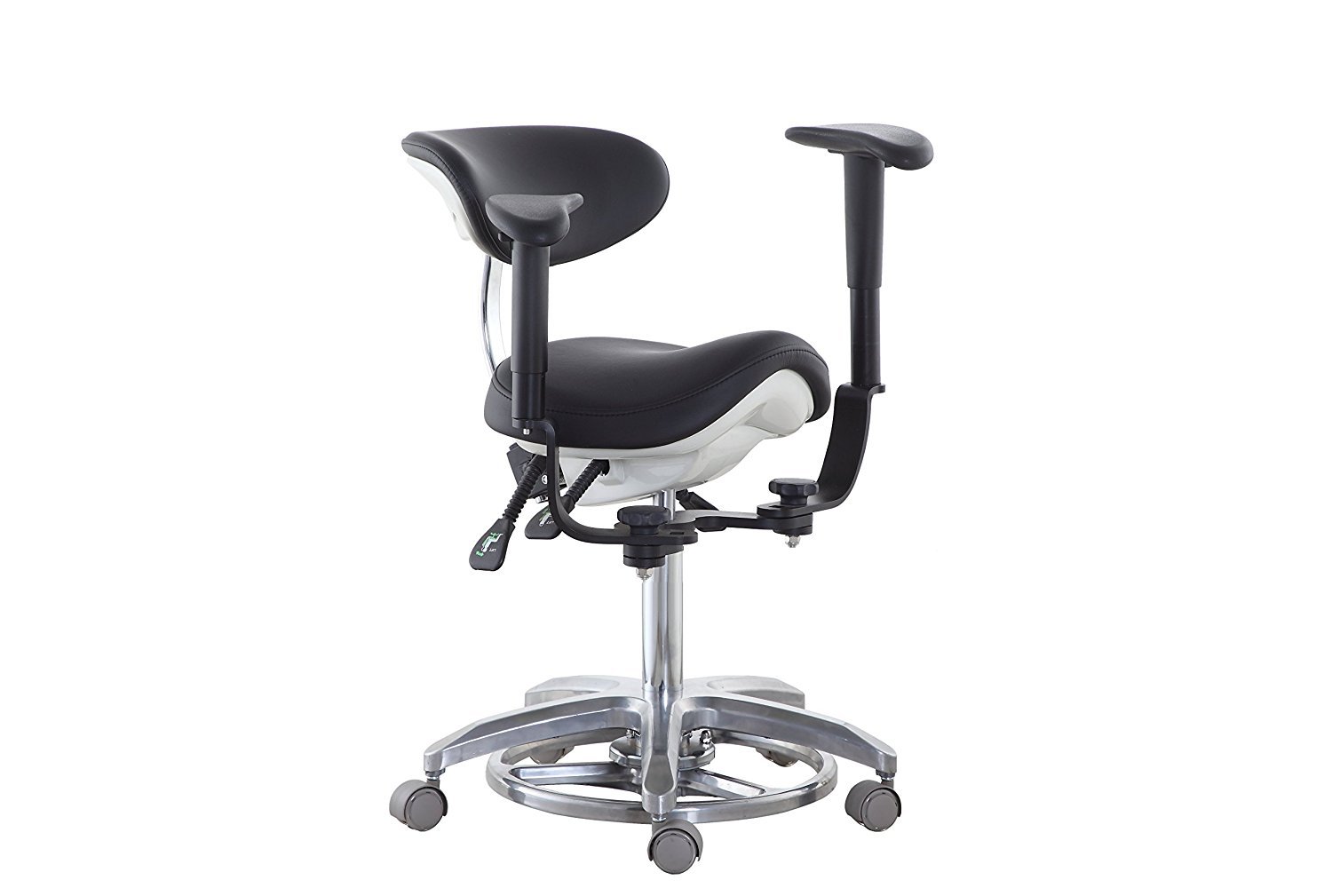 East-New Medical Dental Chair Microscope Saddle Stool Foot Controlled/Pedal Base PU Leather with 45°Swiveling Armrests SDS-FC1