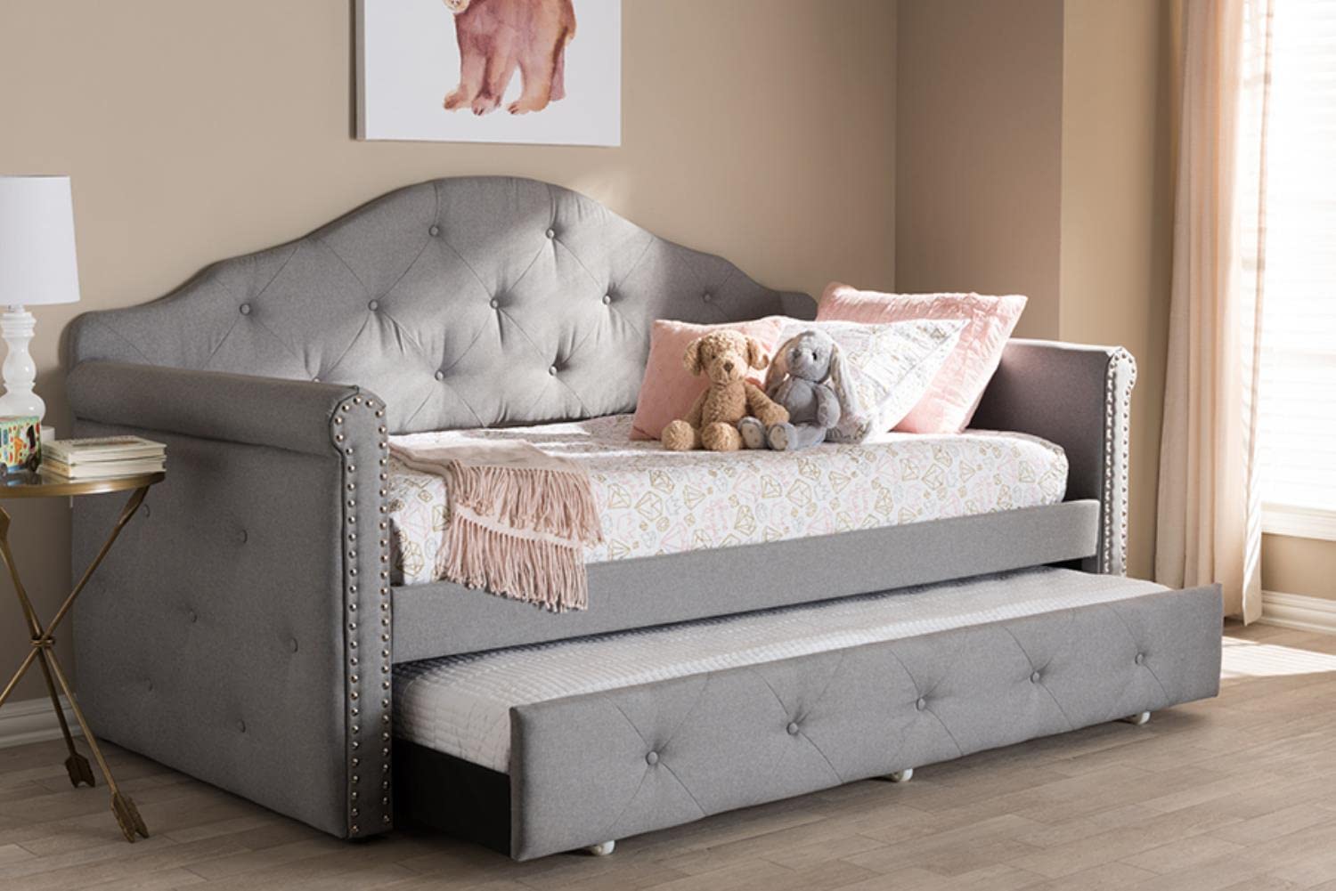 Baxton Studio Emilie Modern and Contemporary Grey Fabric Upholstered Daybed with Trundle Grey/Twin//Contemporary/Fabric Polyester 100%"/Rubber Wood/MDF/Foam