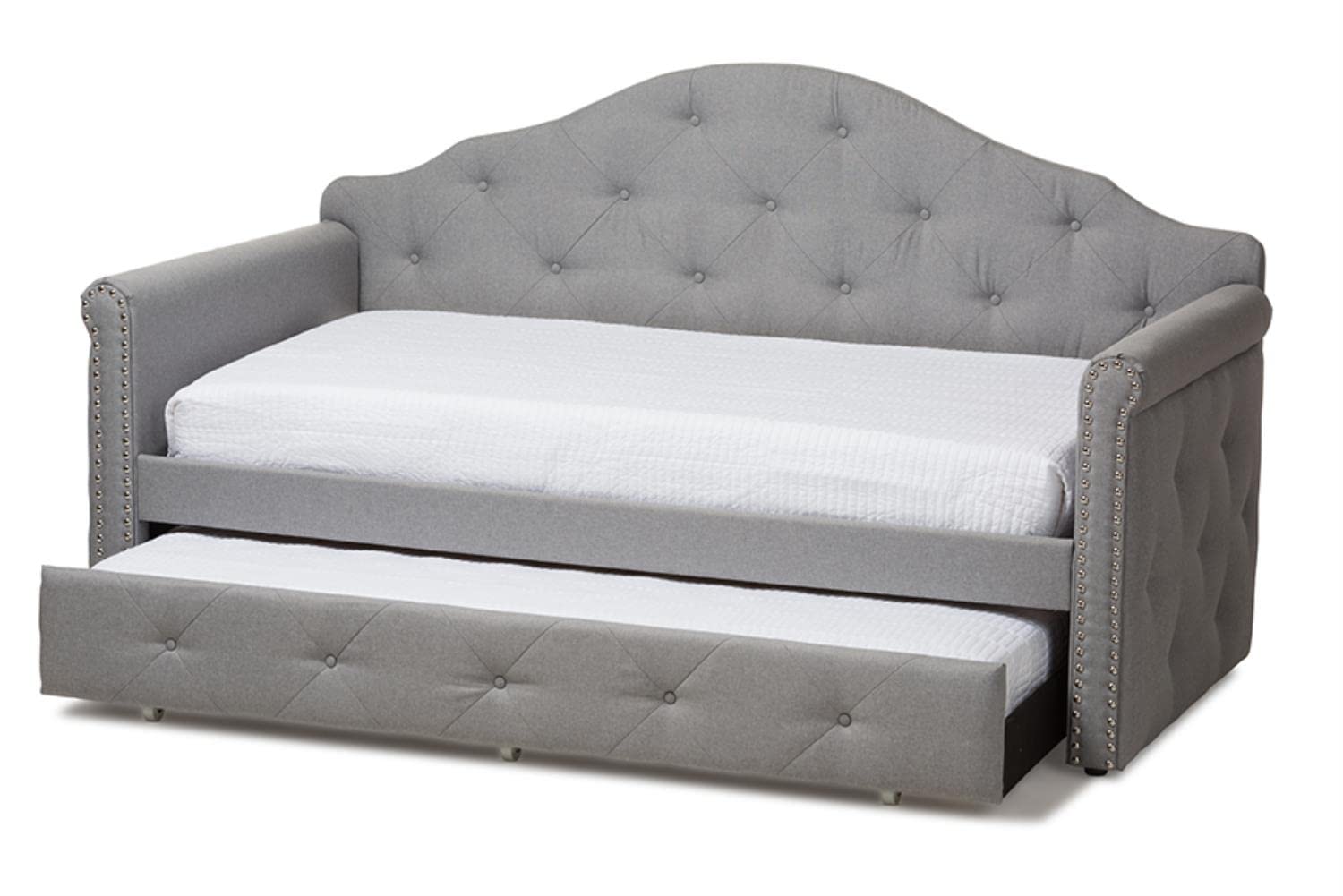 Baxton Studio Emilie Modern and Contemporary Grey Fabric Upholstered Daybed with Trundle Grey/Twin//Contemporary/Fabric Polyester 100%"/Rubber Wood/MDF/Foam