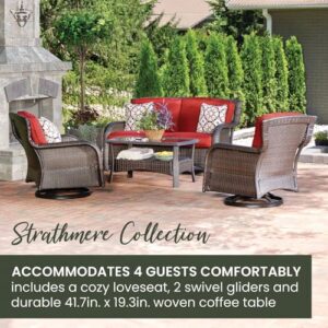 Hanover Strathmere Outdoor 4-Piece Conversation Set w/ Loveseat, 2 Swivel Chairs, Thick Red Cushions, 4 Accent Pillows and a Glass-Top Coffee Table, Patio Conversation Set for Backyard, Deck, Porch