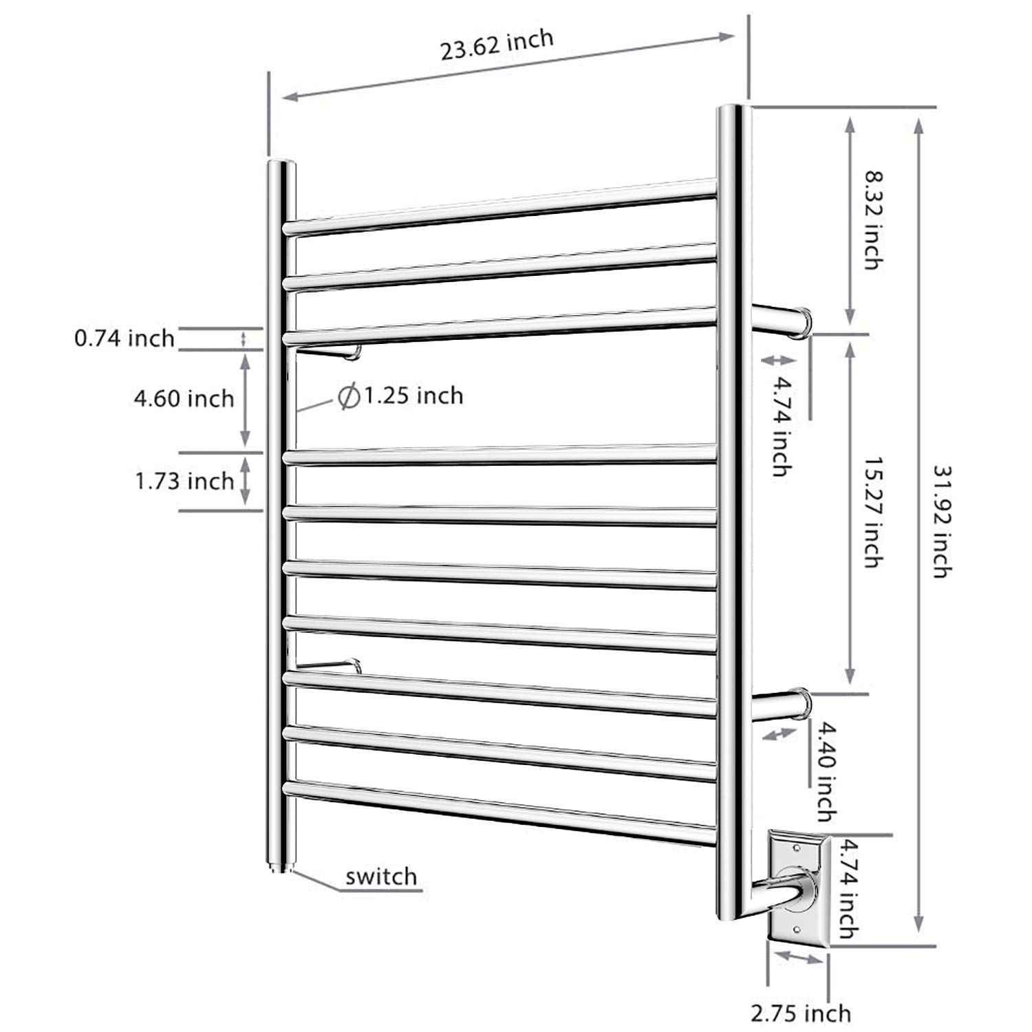 HEATGENE Towel Warmer Wall-Mounted Hardwired Heated Towel Rack Hot Towel Bar Mirror Polish