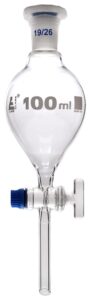 eisco separating funnel, 100ml - pear shaped - 19/26 plastic stopper, glass key stopcock, stem with cone - borosilicate glass