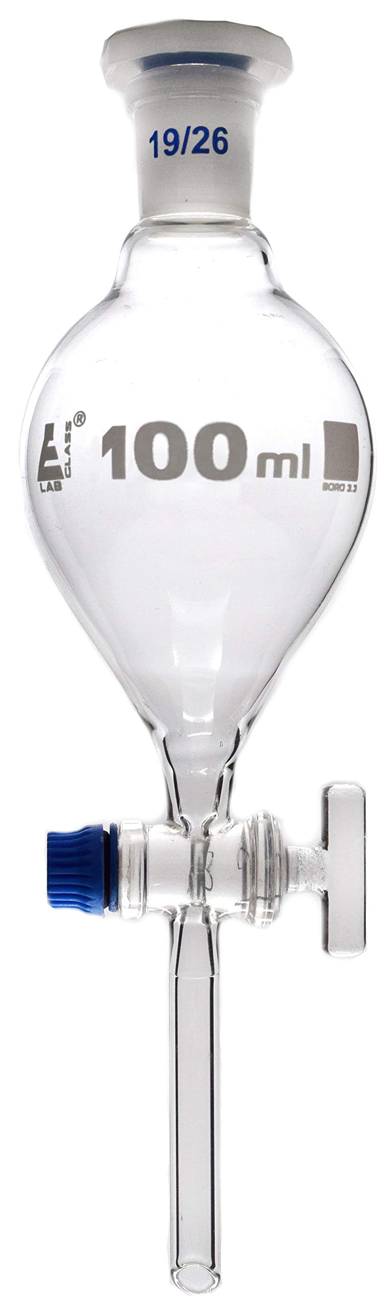 EISCO Separating Funnel, 100ml - Pear Shaped - 19/26 Plastic Stopper, Glass Key Stopcock, Stem with Cone - Borosilicate Glass