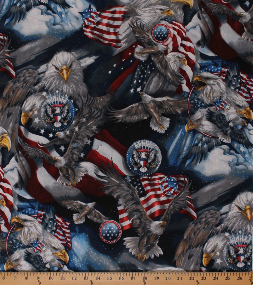 Cotton Bald Eagles Birds Patriotic USA United States America American Flags Fourth of July Patriots Americana Cotton Fabric Print by The Yard (ABK-12484-202AMERICANA)