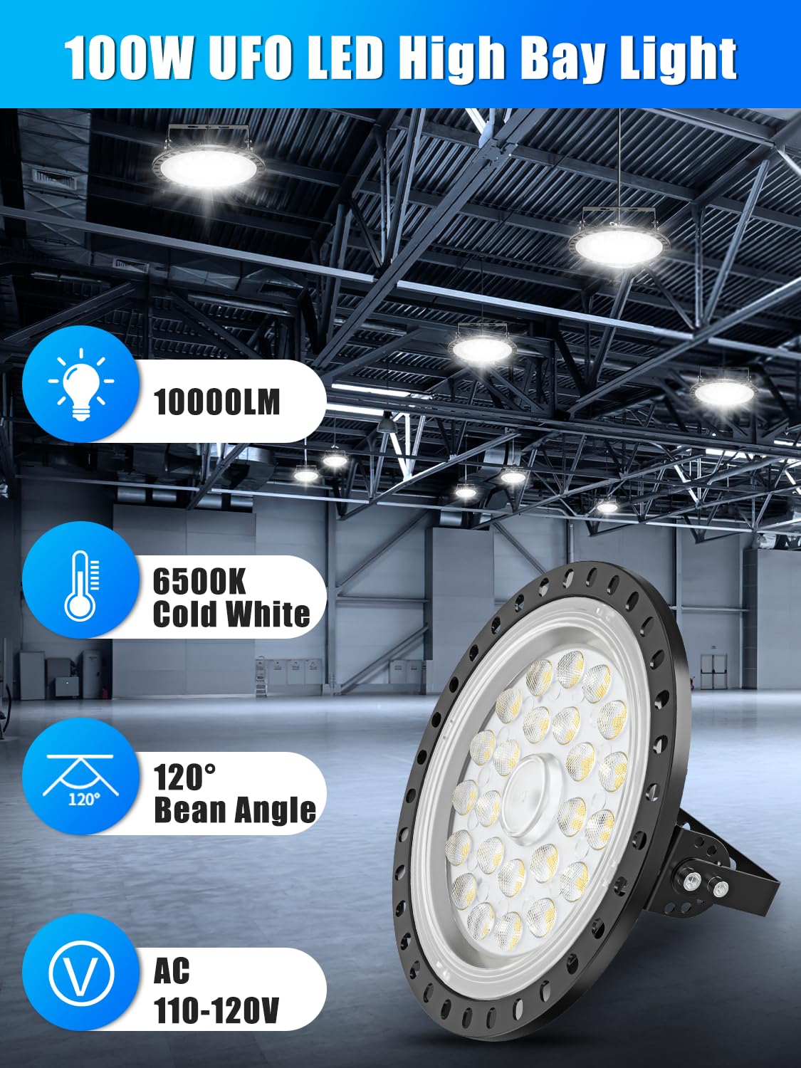 UFO LED High Bay Lights 100W 10 Packs,Super Bright 10000LM High Bay LED Shop Lights,6500K Daylight High Bay LED Lights,Waterproof High Bay Lighting,LED High Bay Light for Factory Warehouse Workshop