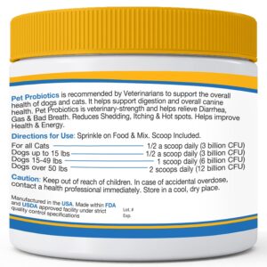 Probiotics for Dogs and Cats - Max-Strength with15 Strains Pre &Probiotics Digestive Health, Increase & Maintain Proper Gut Flora(Made in USA) 7.4 Oz (6 Billion CFU Per Scoop)