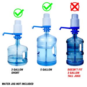 Dolphin Manual Water Pump for 5 Gallon Bottles, Fits 2-6 Gallon Bottles, Blue Manual Hand Pressure Water Dispenser, Secure Fit on Crown Top Jugs, 3 Tube Lengths, Sanitary Cap, BPA-Free