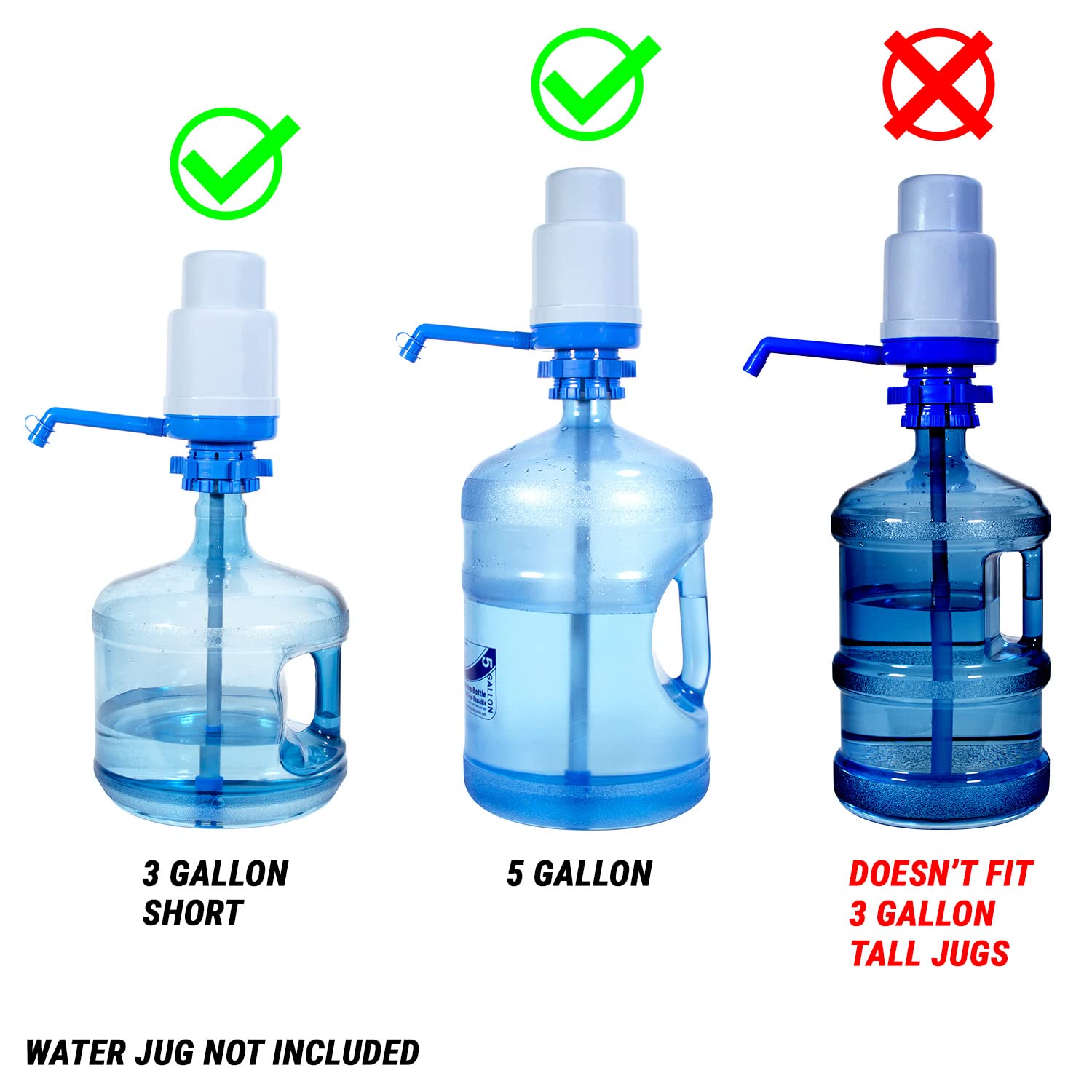 Dolphin Manual Water Pump for 5 Gallon Bottles, Fits 2-6 Gallon Bottles, Blue Manual Hand Pressure Water Dispenser, Secure Fit on Crown Top Jugs, 3 Tube Lengths, Sanitary Cap, BPA-Free