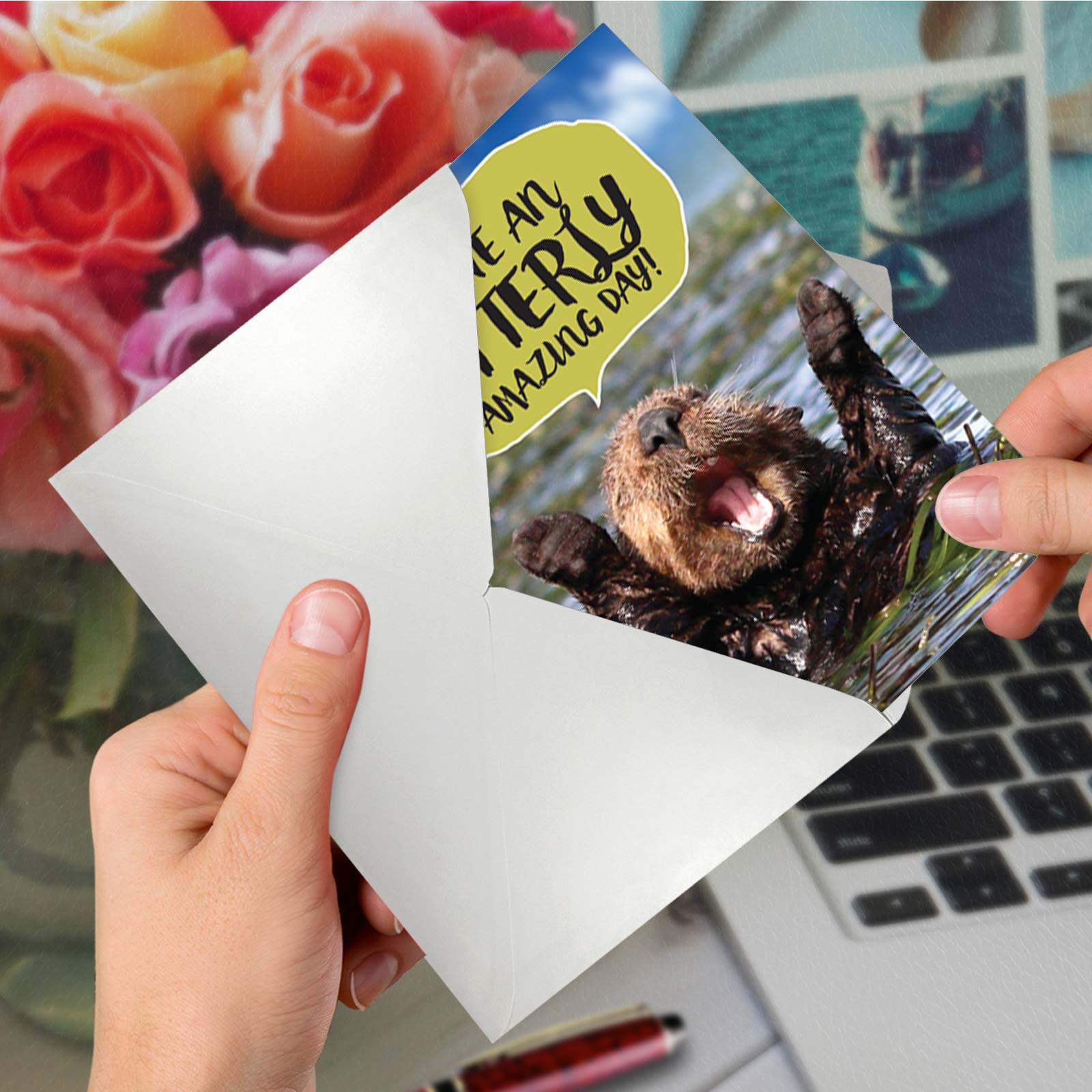 NobleWorks - Funny Happy Birthday Note Card with Envelope (4.63 x 6.75 Inch) - Cute River Otter, Animal Stationery for Kids, Adult - Adorable Congrats Gift for B-day - Otterly Awesome C6574ABDG